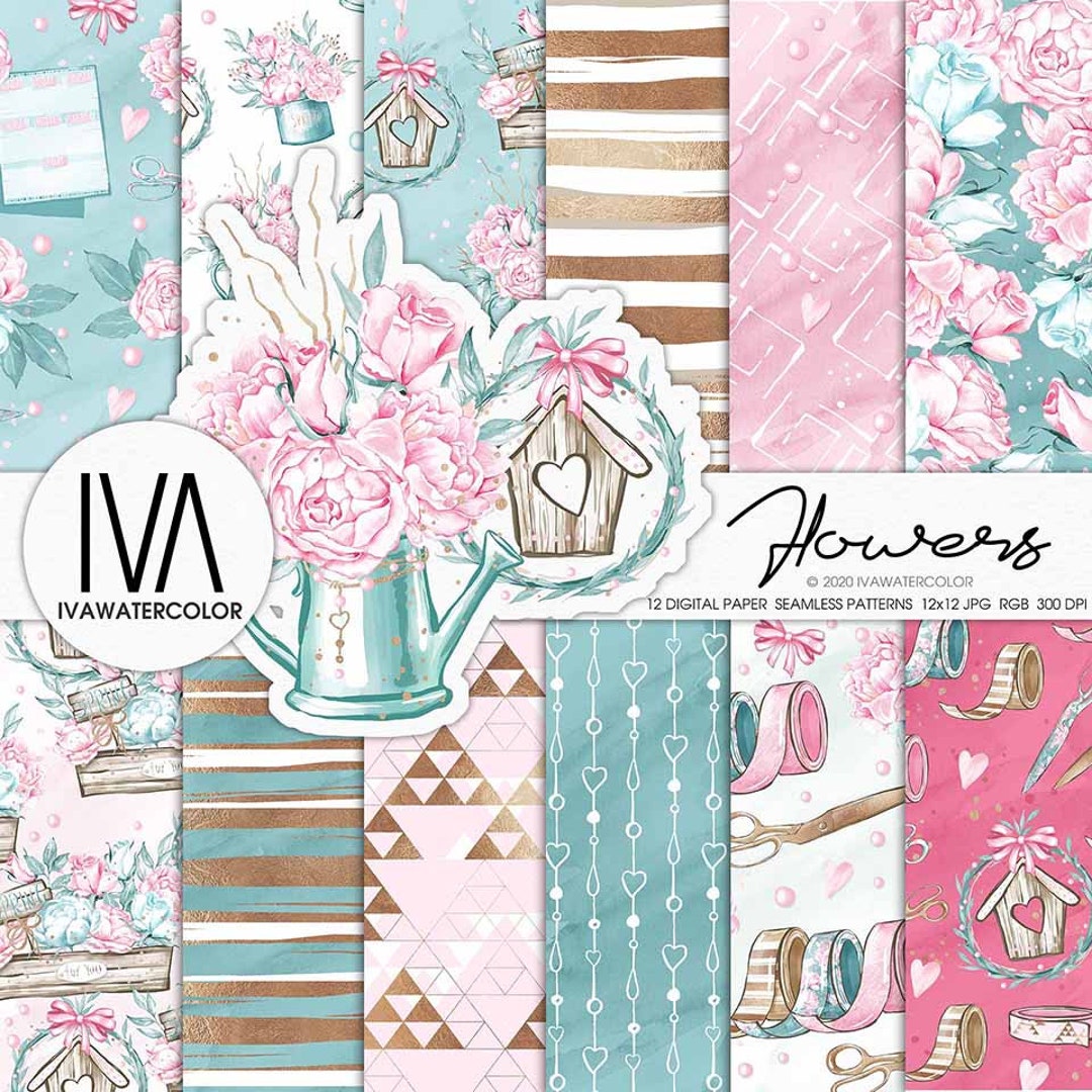 Spring Floral Background Digital Paper - Pink Peonies & Roses With Gold ...