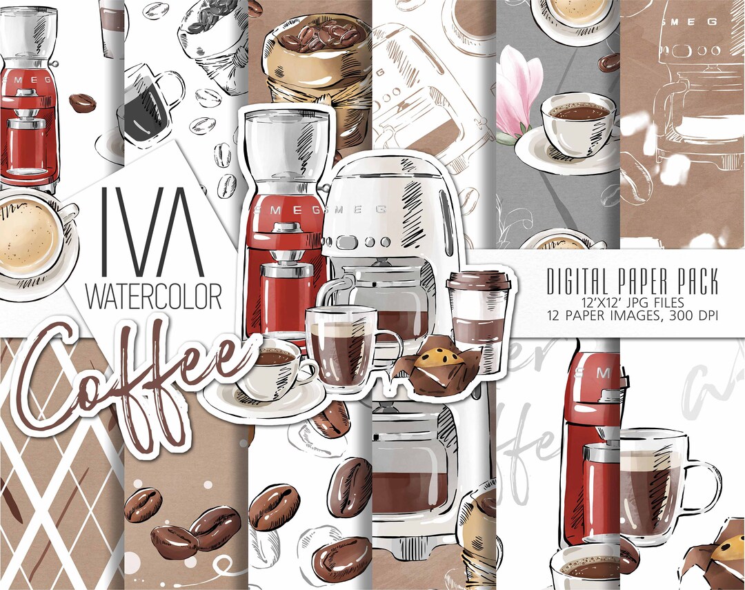 Coffee Time Digital Paper Pack Coffee Grinder, Seamless Culinary ...