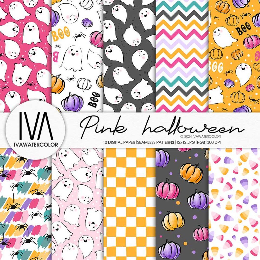 Cute Halloween Digital Paper Pack, Pink & Orange Spooky Ghost ...