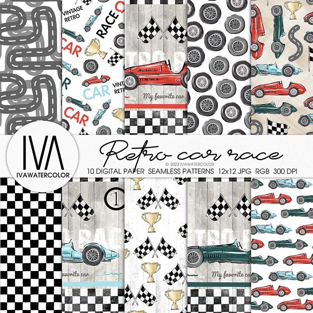 Retro Race Car Seamless Pattern Digital Paper Pack, Vintage Car ...