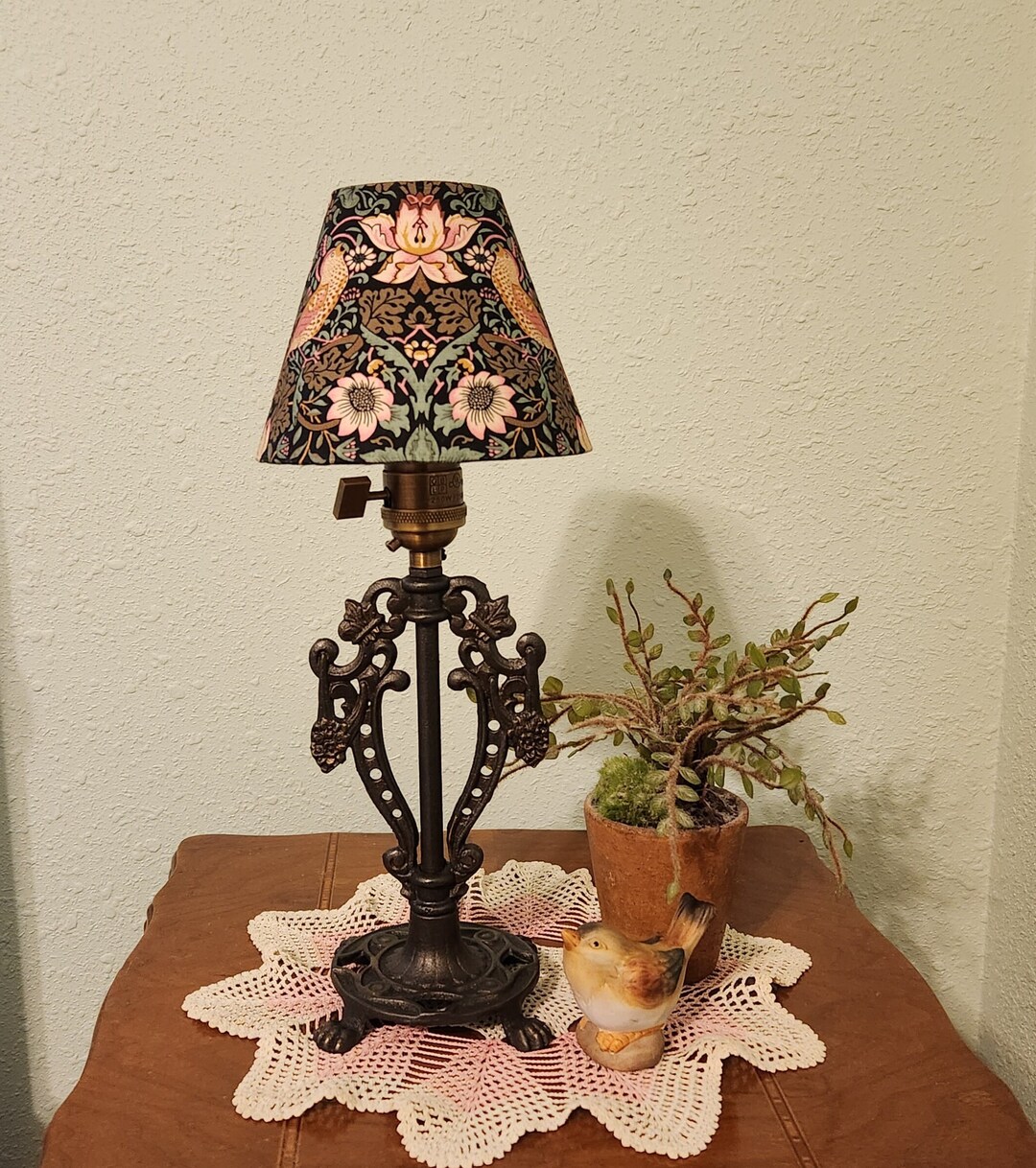 Vintage Cast Iron Lamp Base With Floral Pattern Fabric Clip-on Lamp ...