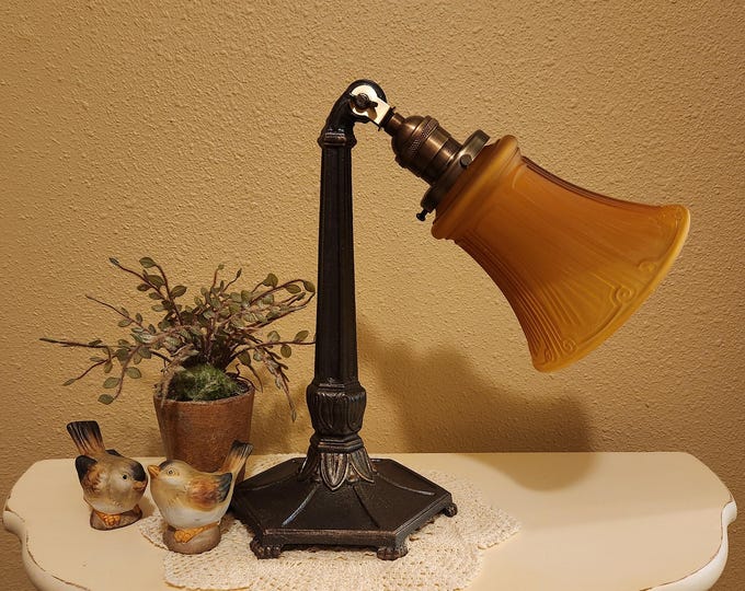 Antique Cast Iron Table or Desk Lamp With Satin Amber Glass Lamp Shade ...