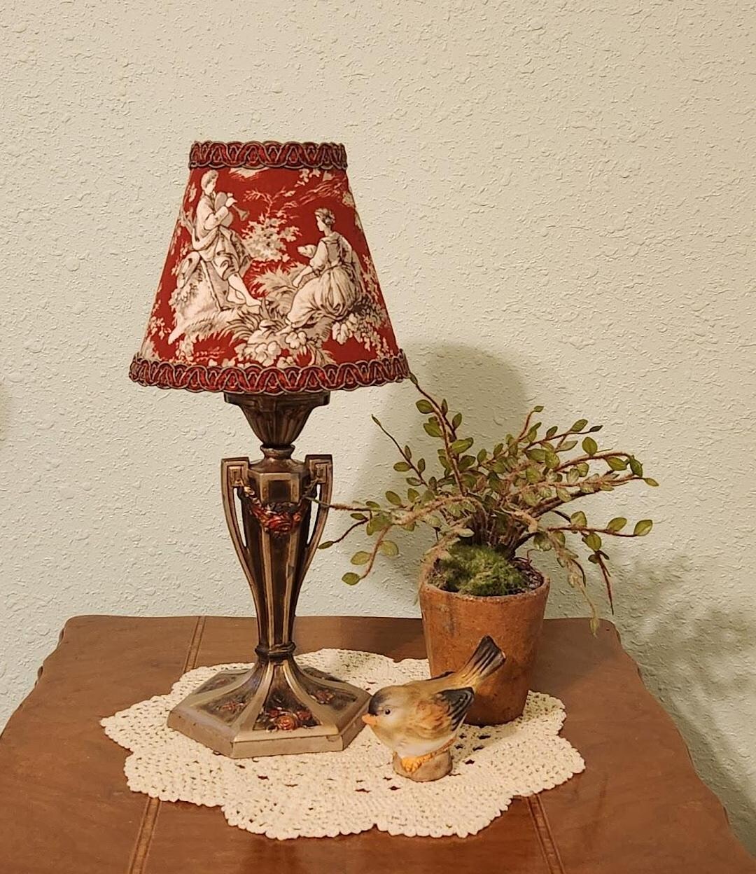 Vintage Ornate Cast Metal Table Lamp With Red Toile Fabric Clip-on Lamp ...
