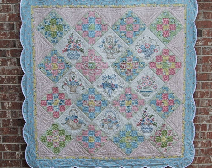 Romantic Pastel Quilt, Hand Embroidered Quilt in Pastel Blue, Pink ...