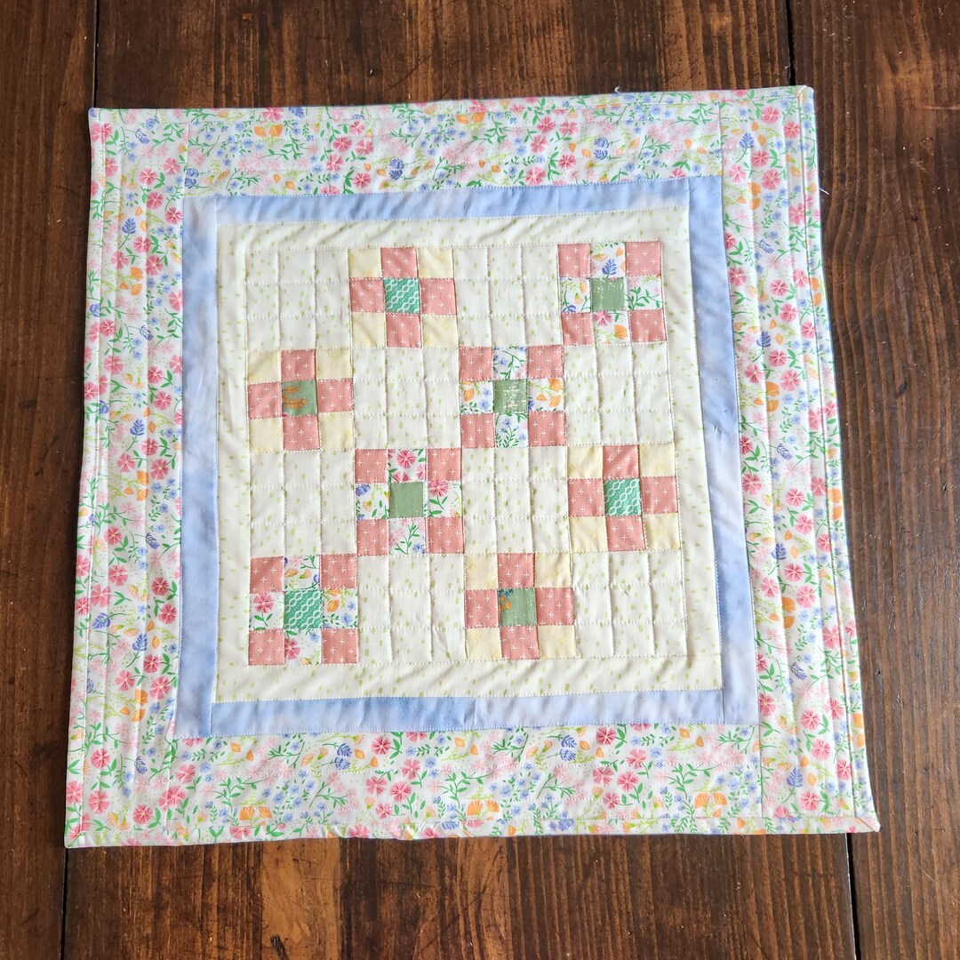 Handmade Doll Quilt, Wildflower Mini Nine Patch Quilt With Sky Blue ...