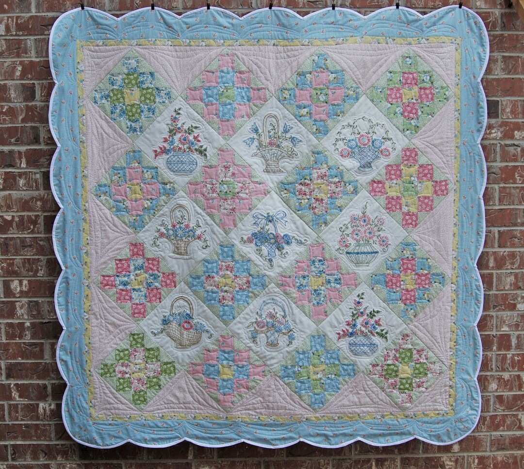 Romantic Pastel Quilt, Hand Embroidered Quilt in Pastel Blue, Pink ...