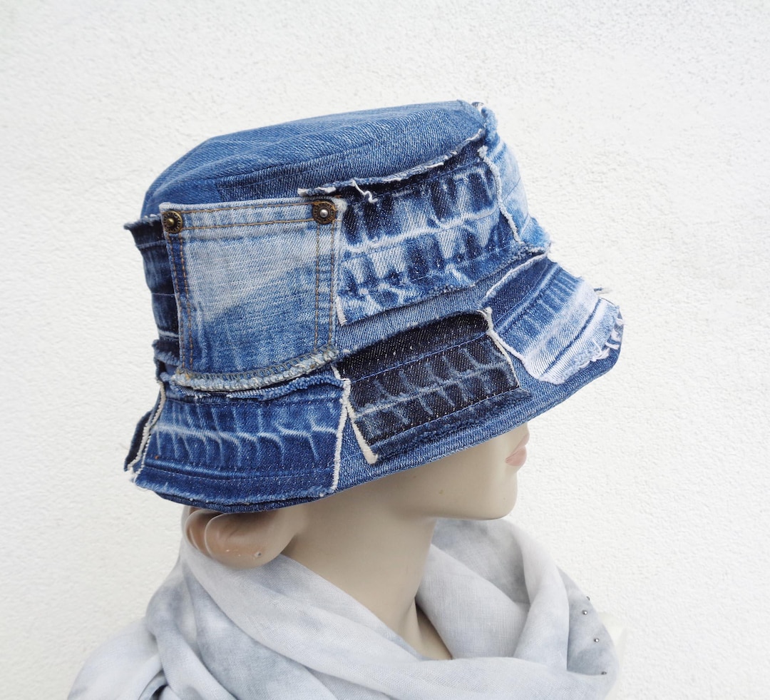 Denim Hat, Upcycled Jeans Textile Bucket Hat, Summer, Hiking, Sun Hat ...