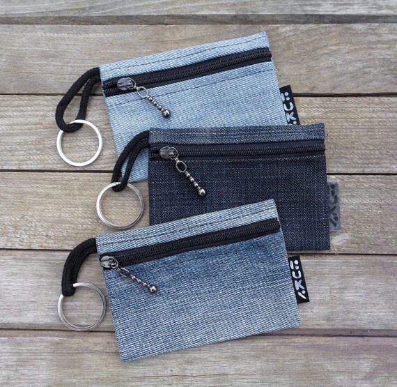 Key chain ring denim coin purse flat card wallet small | Etsy