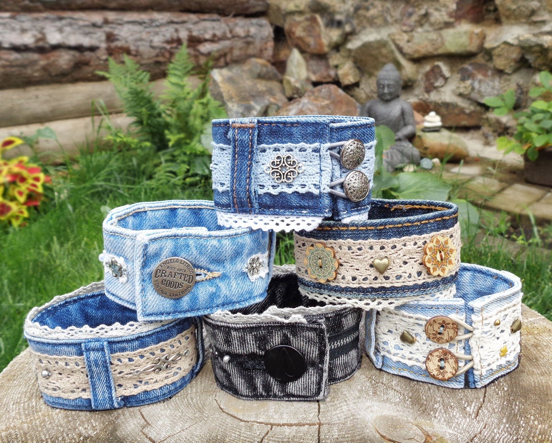 Denim Cuff Bracelet, Jeans Fabric Cuff Bracelet, Hippie Shabby Chic ...