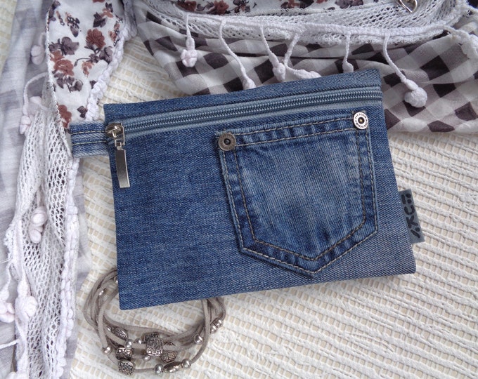 Make up Case, Denim Cosmetic Bag, Zippered Pouch, Flat Wallet, Recycled ...