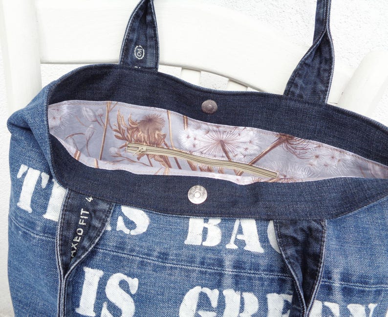 Large Tote Bag, Denim Patchwork Shoulder Bag, Lined, With Magnet ...