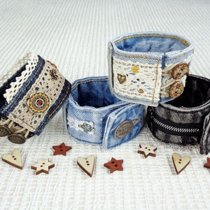 Denim Cuff Bracelet, Jeans Fabric Cuff Bracelet, Hippie Shabby Chic ...