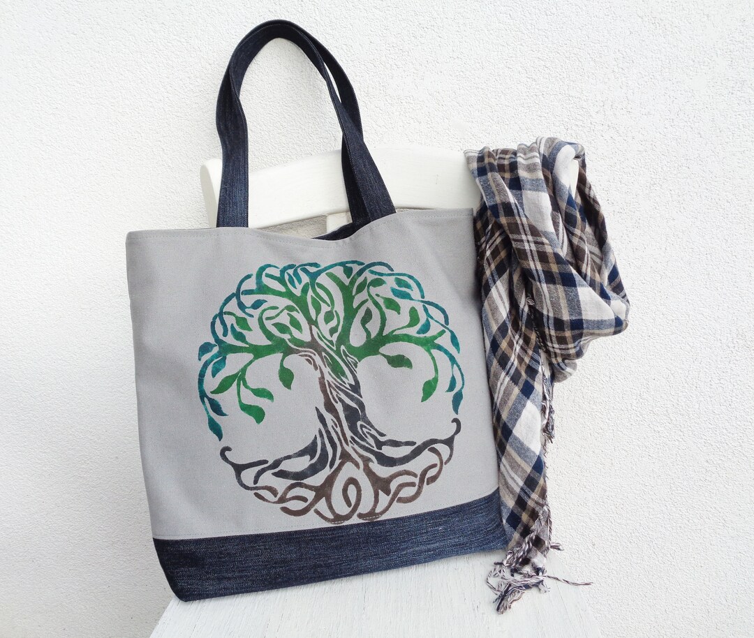 Large Tote Bag, Denim & Canvas Shoulder Bag, Lined, With Pockets ...