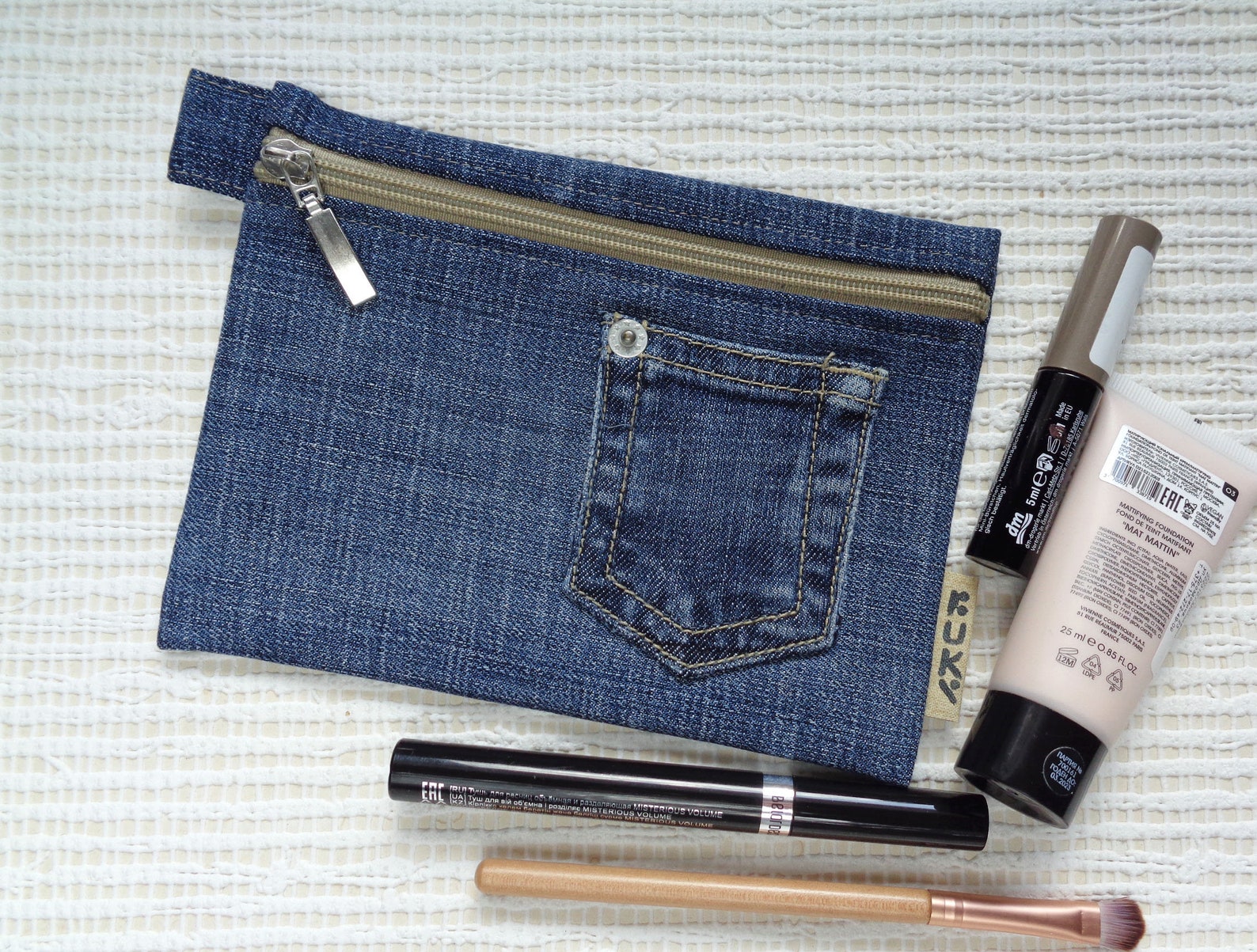 Make up case dark/light blue denim cosmetic bag zipped | Etsy