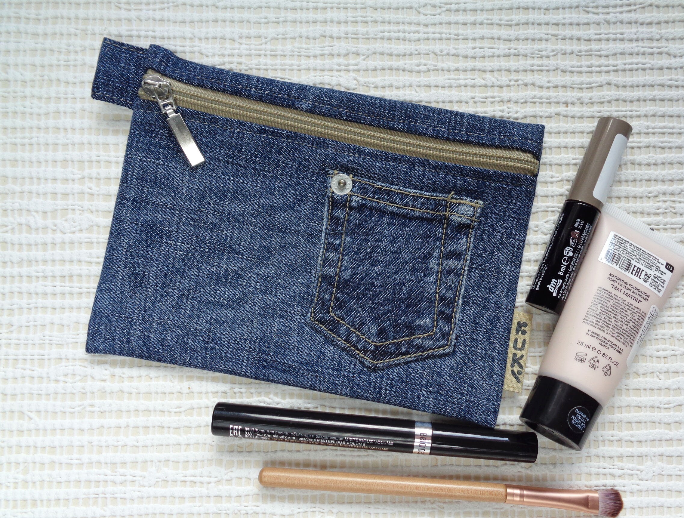 Make up case dark/light blue denim cosmetic bag zipped | Etsy