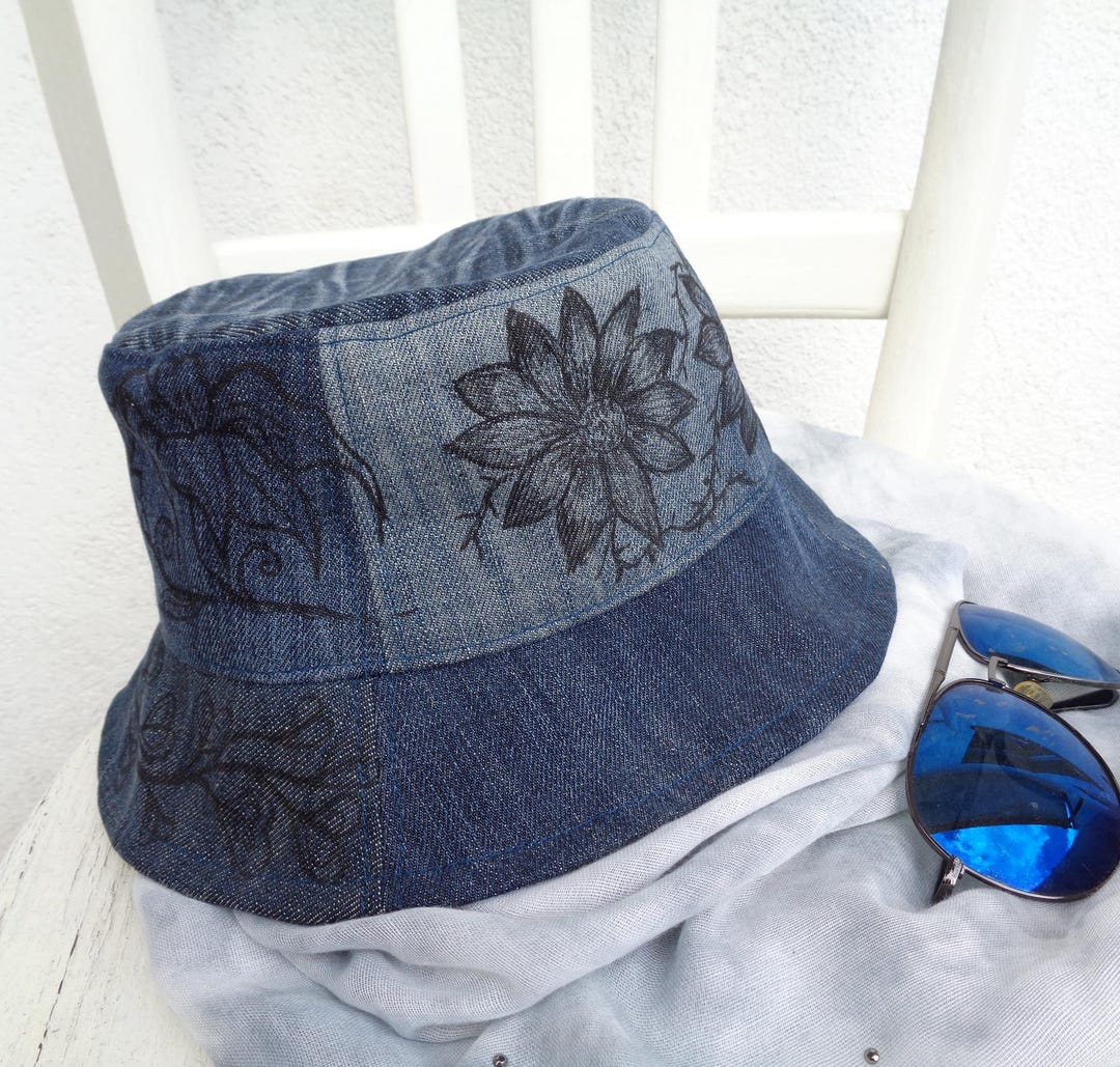Denim Hat With Hand-drawn Flowers, Upcycled Jeans Textile Bucket Hat ...