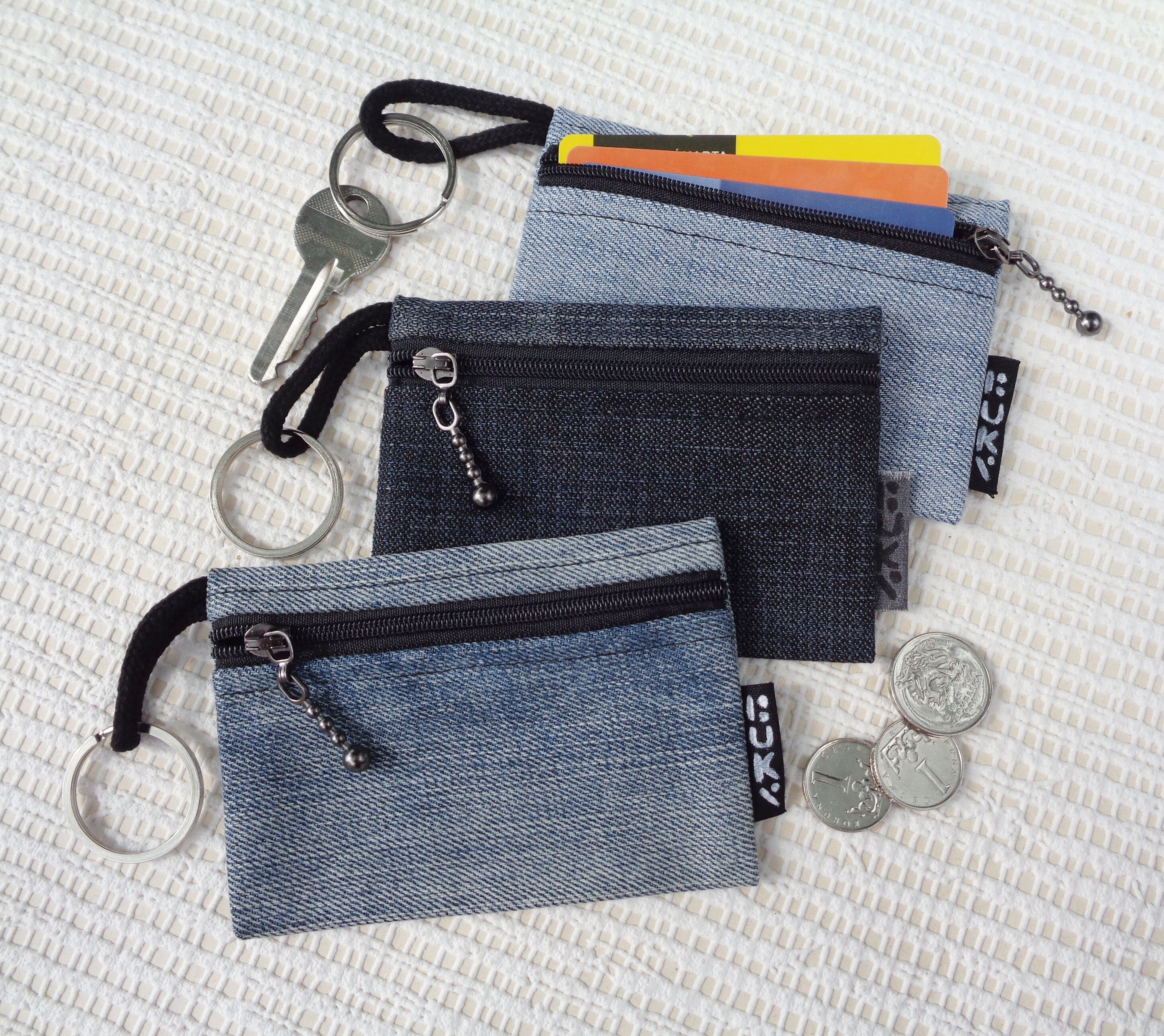 Key chain ring denim coin purse flat card wallet small | Etsy