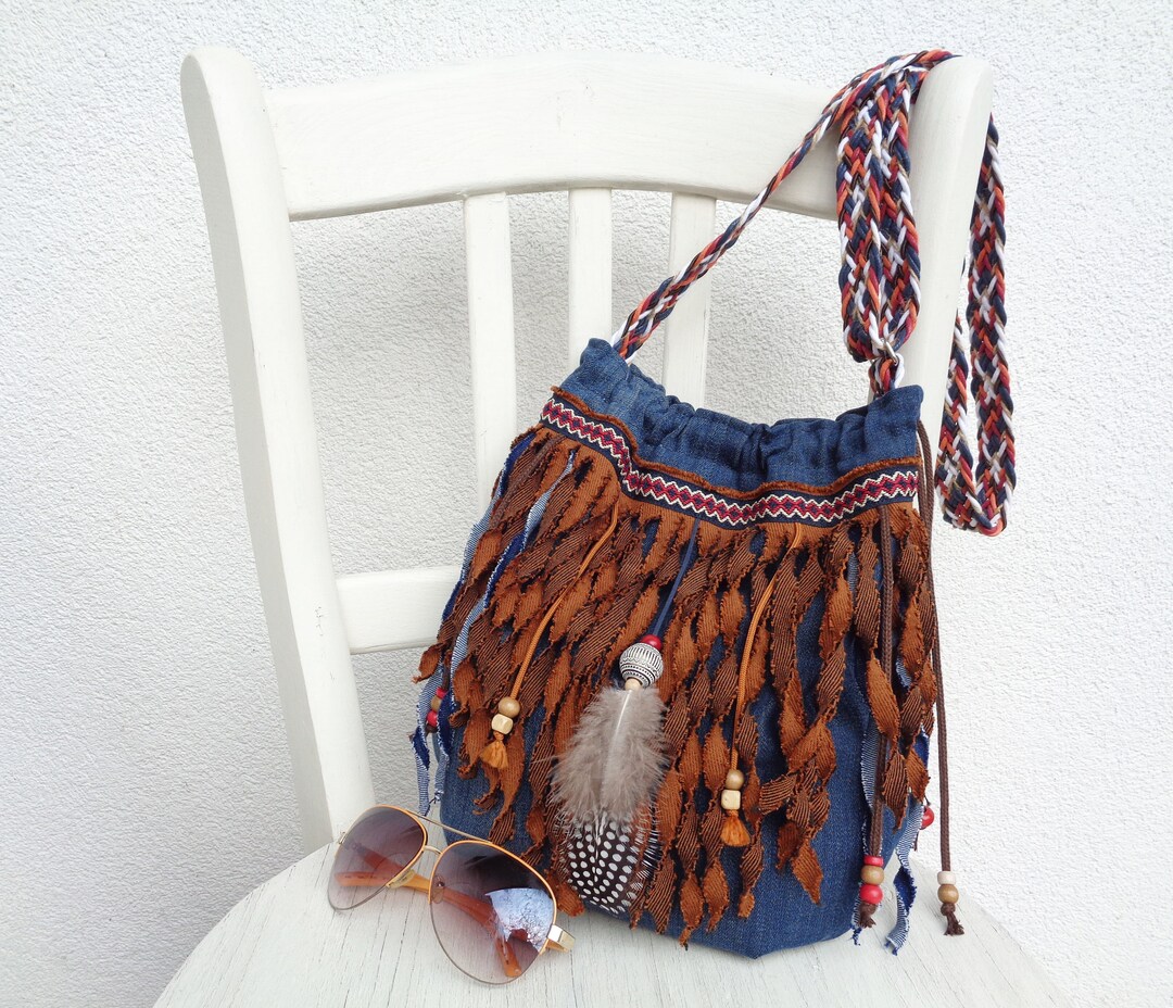 Small Denim Bag With Fringe, Slouchy Soft Textile Bag, Jeans Purse ...