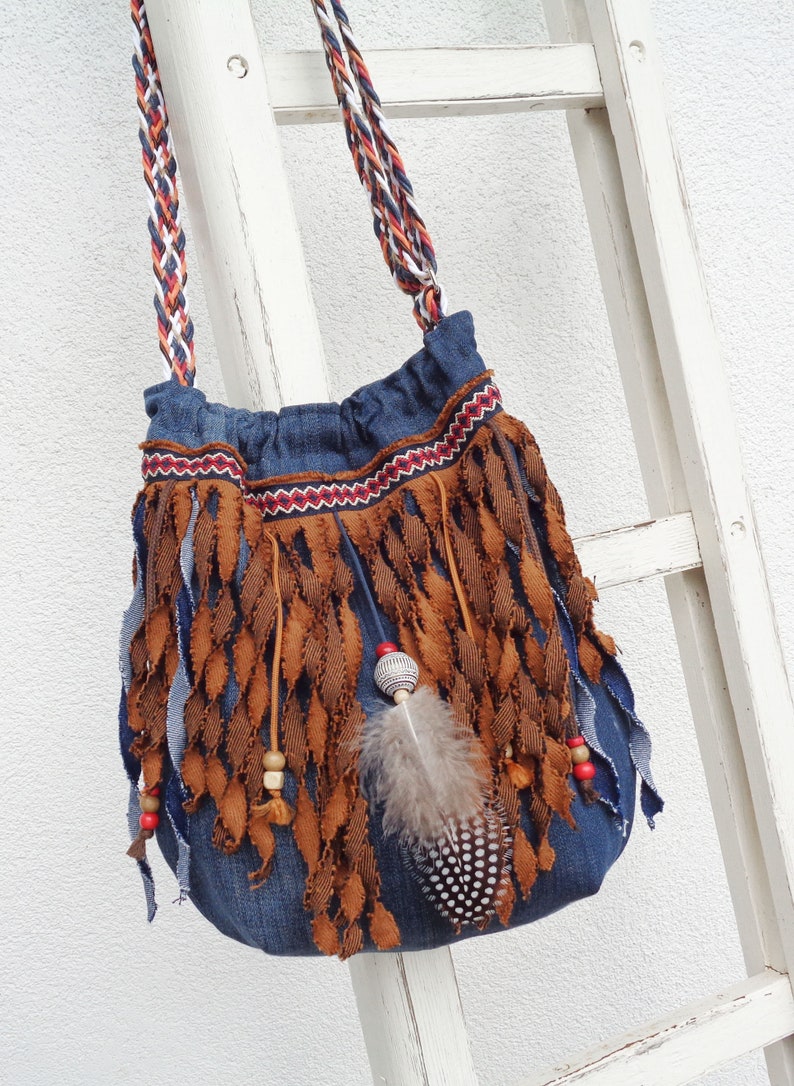 Small Denim Bag With Fringe, Slouchy Soft Textile Bag, Jeans Purse ...