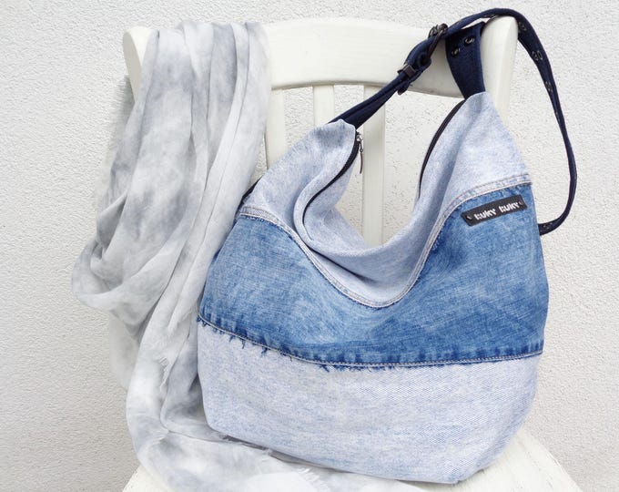 Denim Cross Body Bag, Hobo Slouchy Shoulder Bag, Acid Wash Light Blue ...
