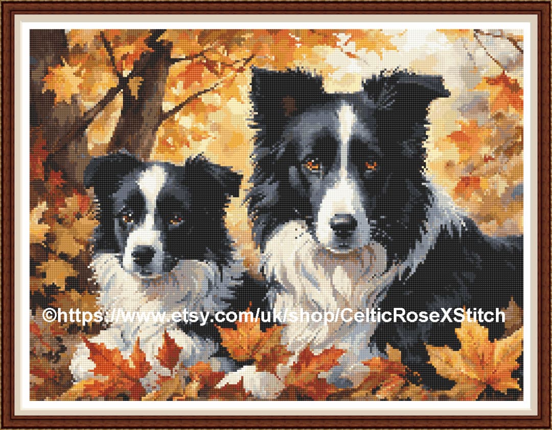Woodland Border Collies - PDF Digital Cross Stitch Pattern DMC Key 56 ...
