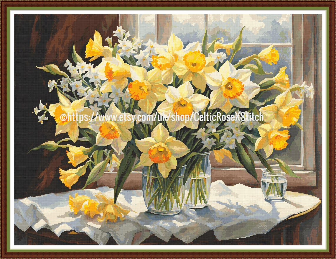 Daffodils in the Window Cross Stitch Pattern: Spring Flowers Cottage ...
