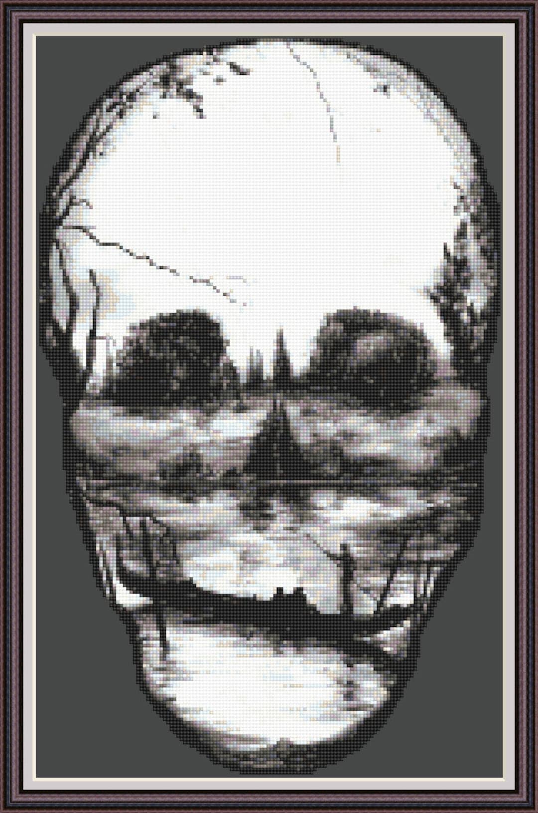 Skull Landscape Print at Home CHART for Whole Counted Cross Stitch DMC Key 21 Colours 10 X 16 on ...