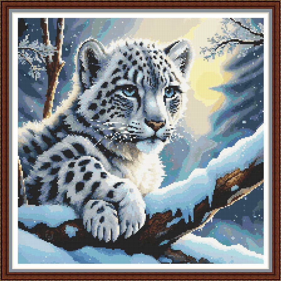 Snow Leopard Cub - PDF Digital Cross Stitch Pattern DMC Key 54 Colours 14"x14" on 14ct Aida ...