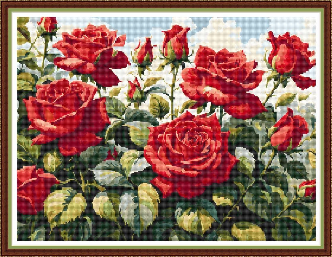 Velvet Red Roses - PDF Digital Cross Stitch Pattern DMC Key 58 Colours ...