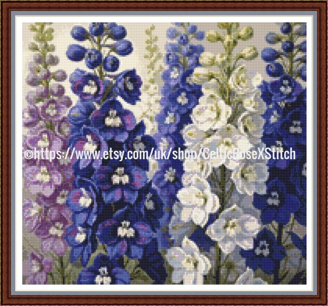 Delphiniums - PDF Digital Printable Cross Stitch Embroidery Chart 60 ...