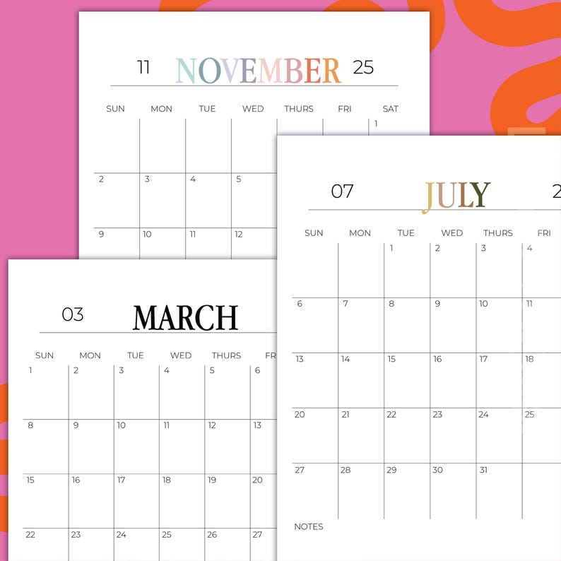 2025-2026 Vertical Calendar – Serif Font, Color Options (digital ...