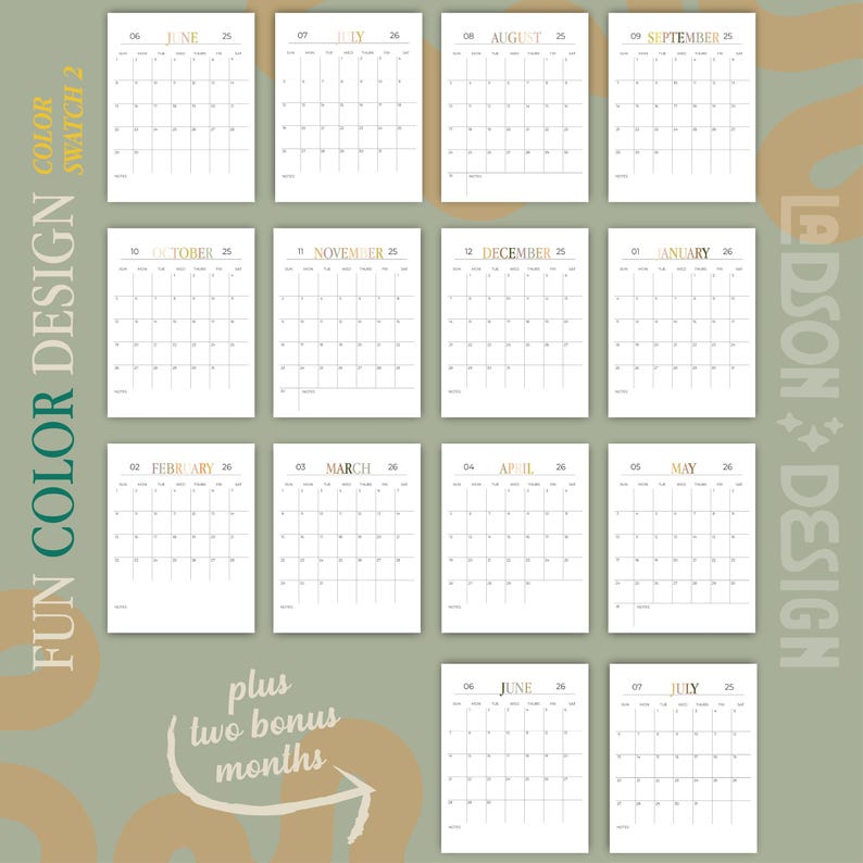 2025-2026 Vertical Calendar – Serif Font, Color Options (digital ...