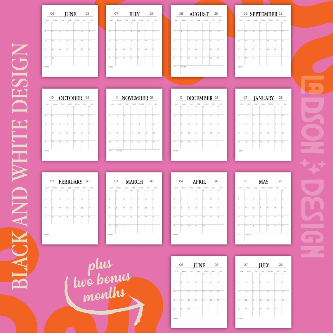 2025-2026 Vertical Calendar – Serif Font, Color Options (digital ...