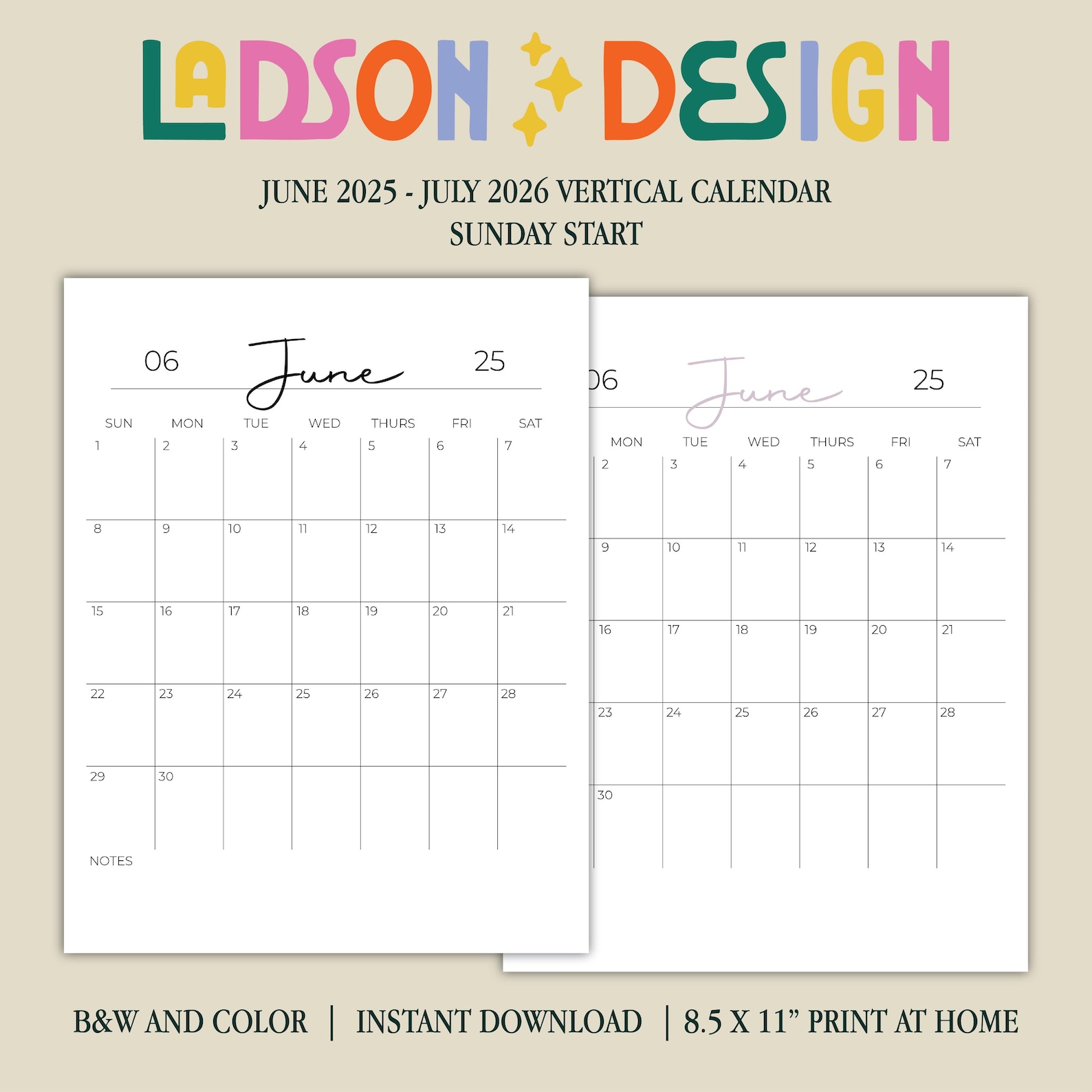 2025-2026 Printable Script Calendar – Vertical 8.5x11 (digital Download ...