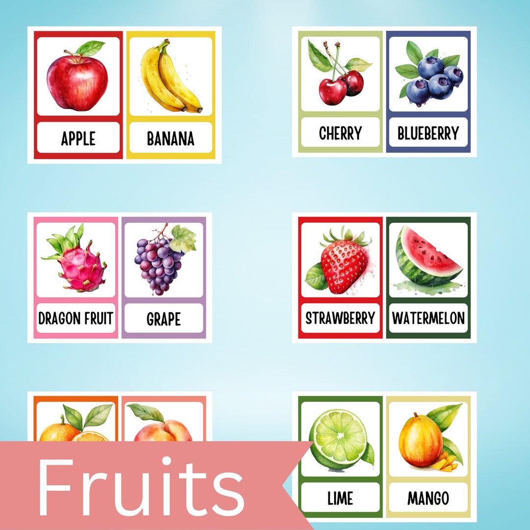 FRUITS FLASH CARDS Homeschool Fruit Watercolor Flash Cards - Etsy