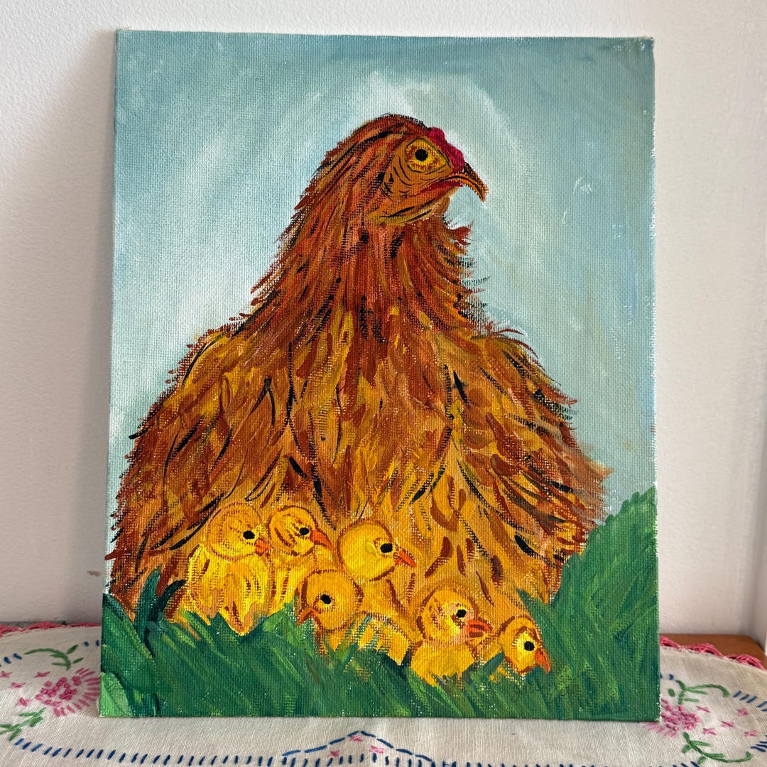 Folk Art Hand Painted Hen Chicken Chicks Baby Canvas 8x10" Acrylic ...