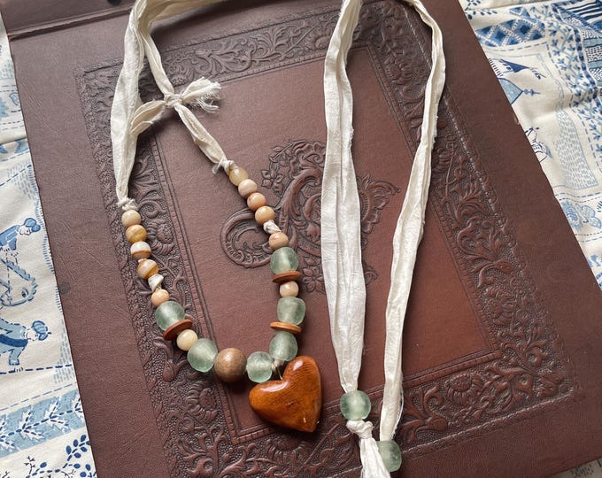 Handmade Sari Silk Ribbon Wood Heart Recycled Glass Bead Necklace, OOAK ...