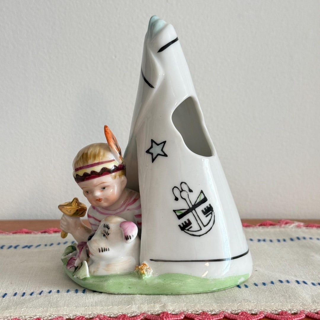 Vintage Boy Puppy Teepee Hand Painted Porcelain Ceramic Figurine Vase 5 ...