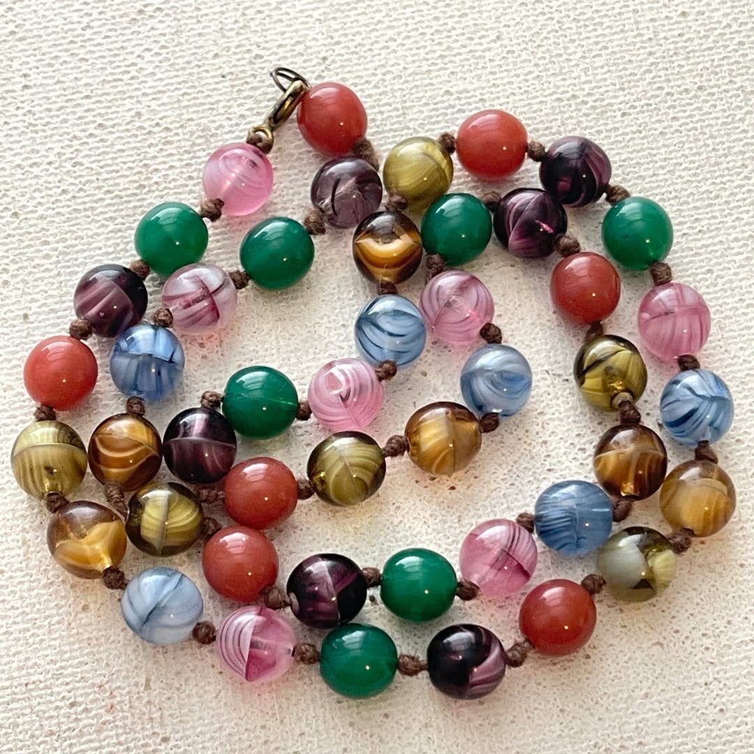Vintage Czech Colorful Marble Round Glass 7.5mm Bead Hand Knotted ...