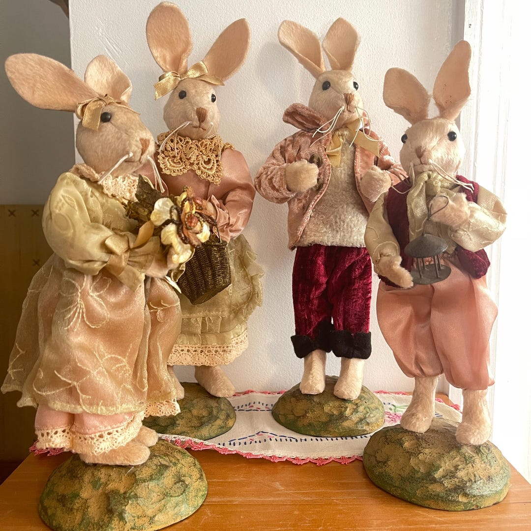 Set 4 Victorian Bunny Rabbit Family Easter Figurine Statue Doll Fabric ...