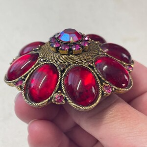 Vintage Red Poured Acrylic Cabochon Domed AB Rhinestone Gold Tone Pin ...