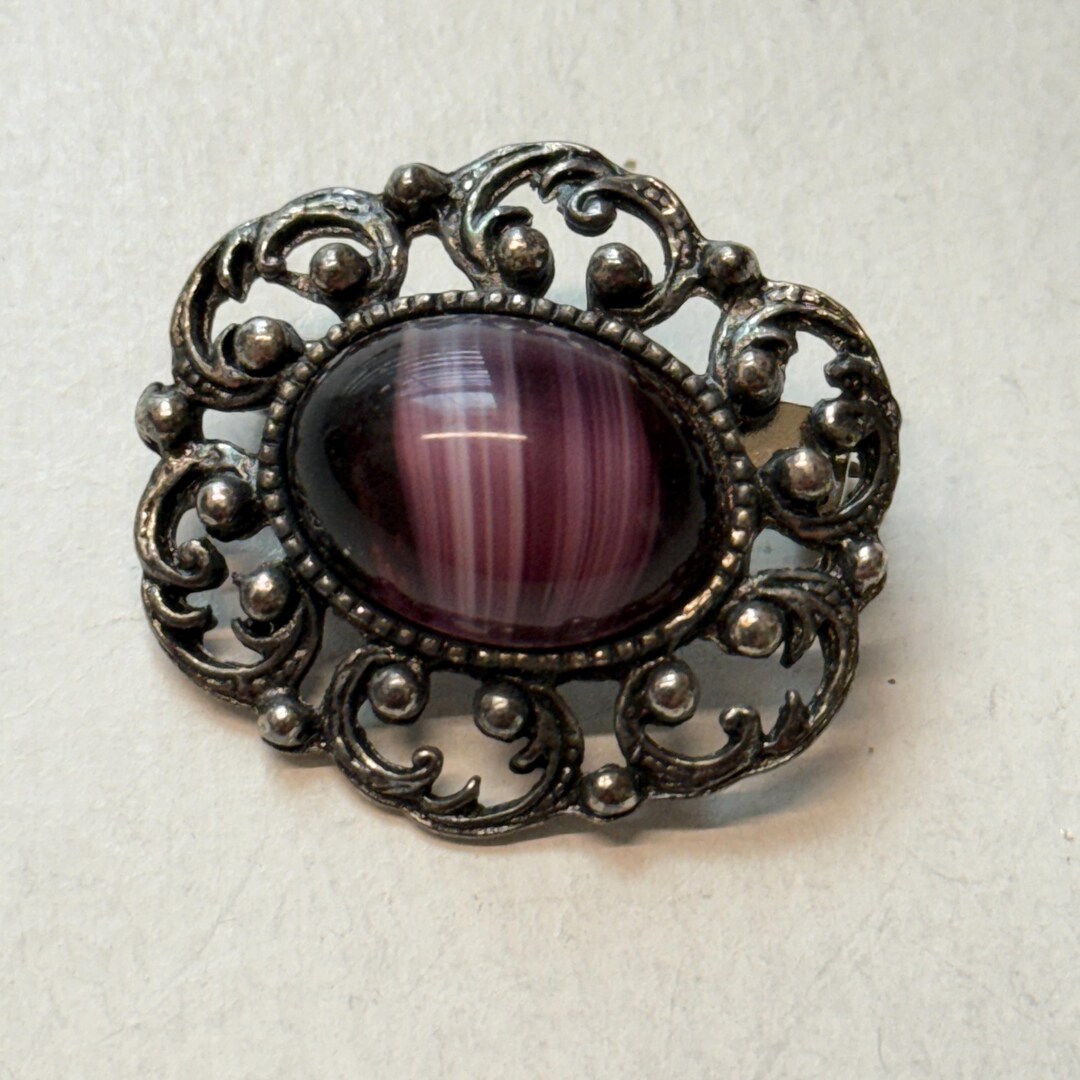 Vintage Purple Porphyry Slag Glass Cabochon Silver Tone Open Work ...