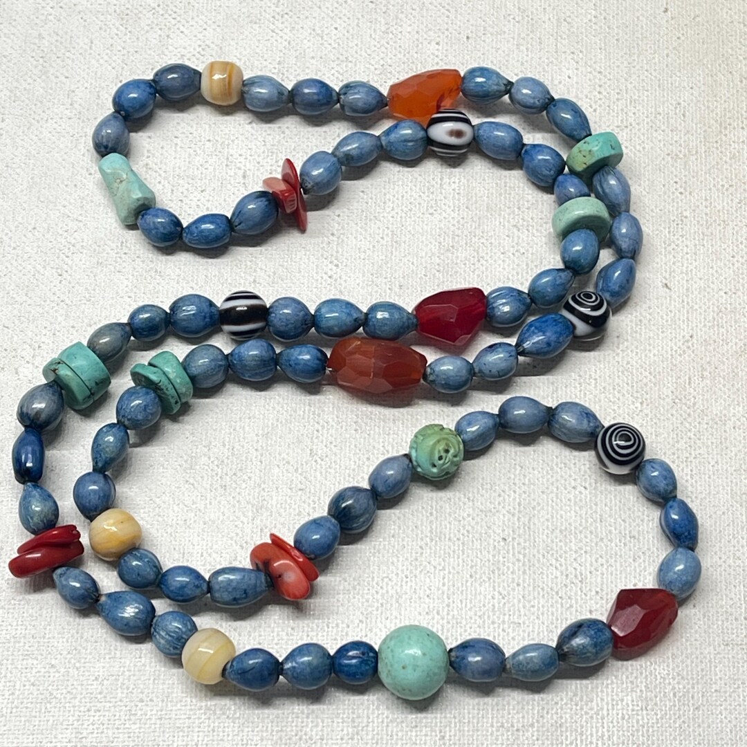 Handmade Job's Tears Red Coral Onyx Agate Stone Natural Seed Blue Bead ...