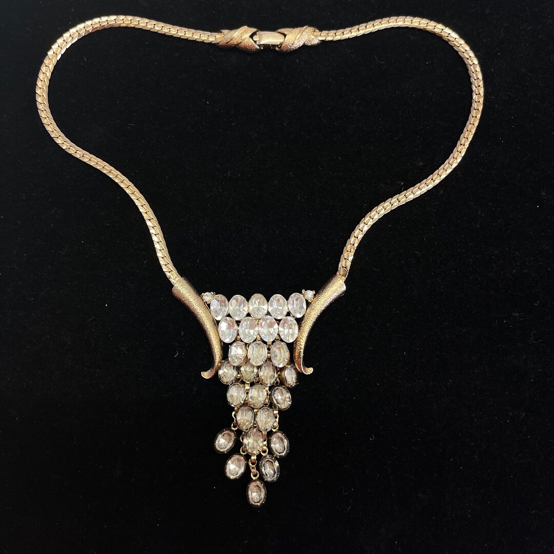 Vintage Gold Plated Cascading Waterfall Oval Crystal Rhinestone ...