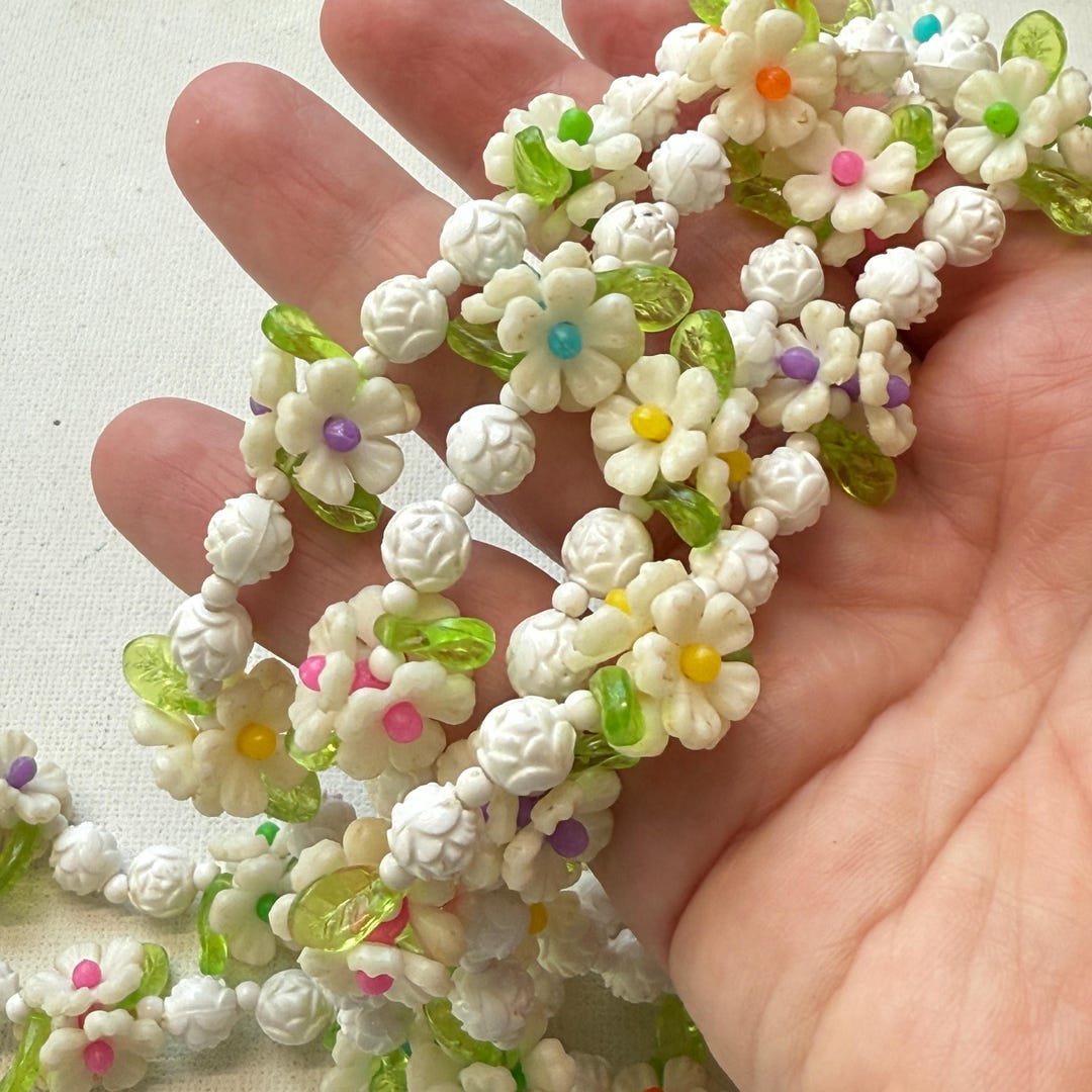 Vintage White Celluloid Rose Flower Molded Bead Necklace 1950s 40" Long ...