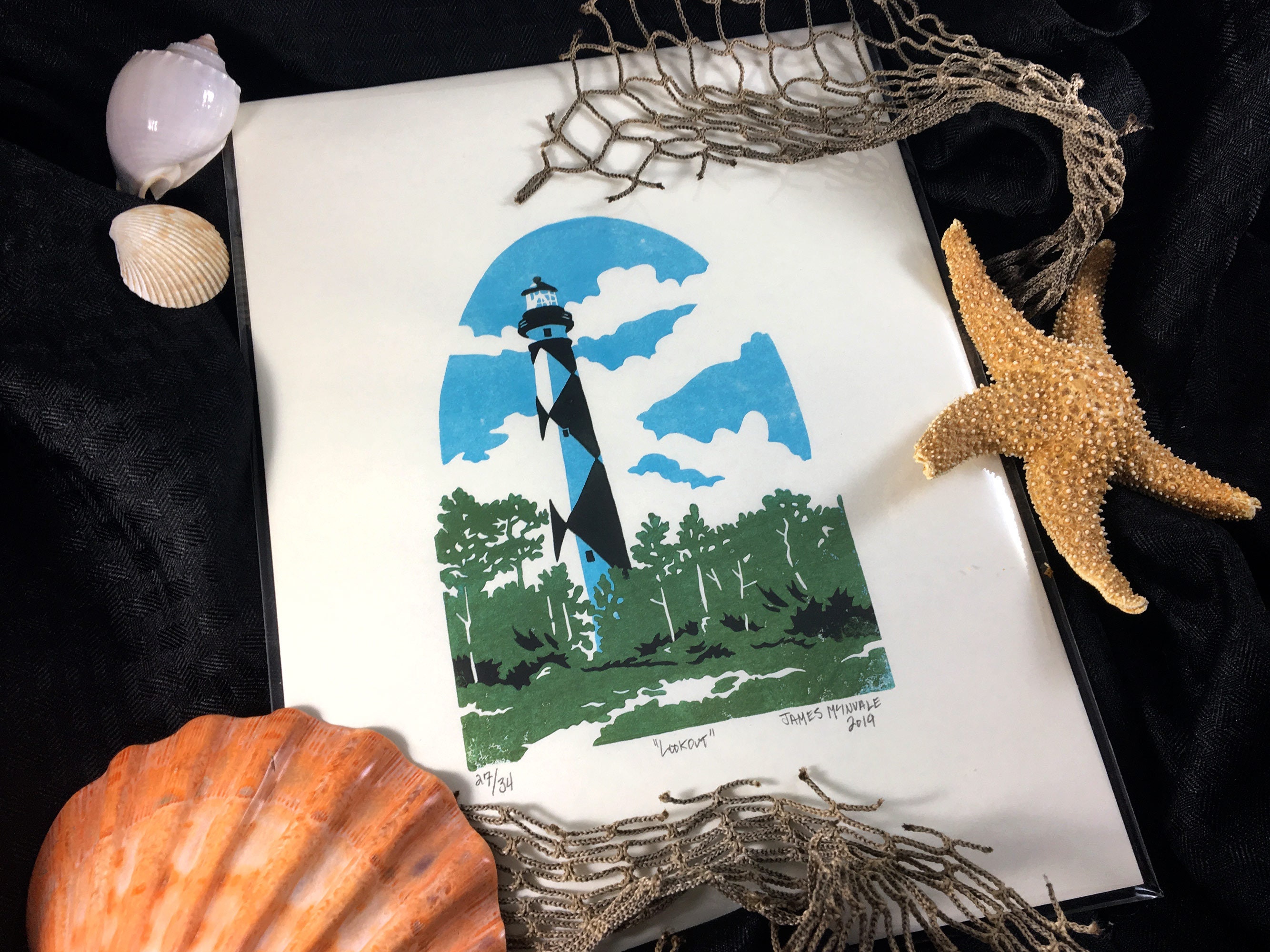 Cape Lookout Lighthouse, Hand-pressed Linoleum Print--9x12 Wall Art ...