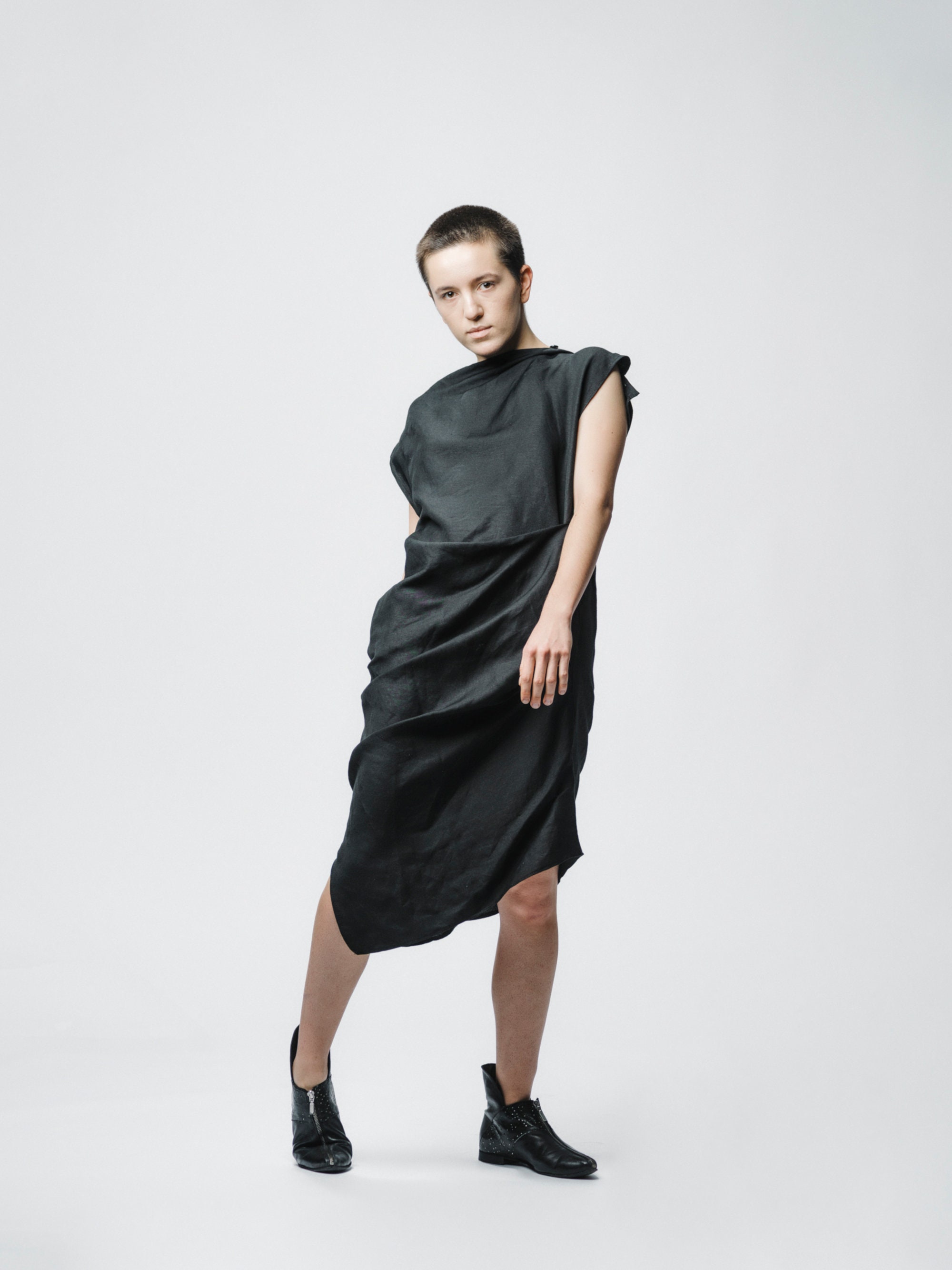 Asymmetric Dress With Buttons on the Shoulder and Draping Around the ...
