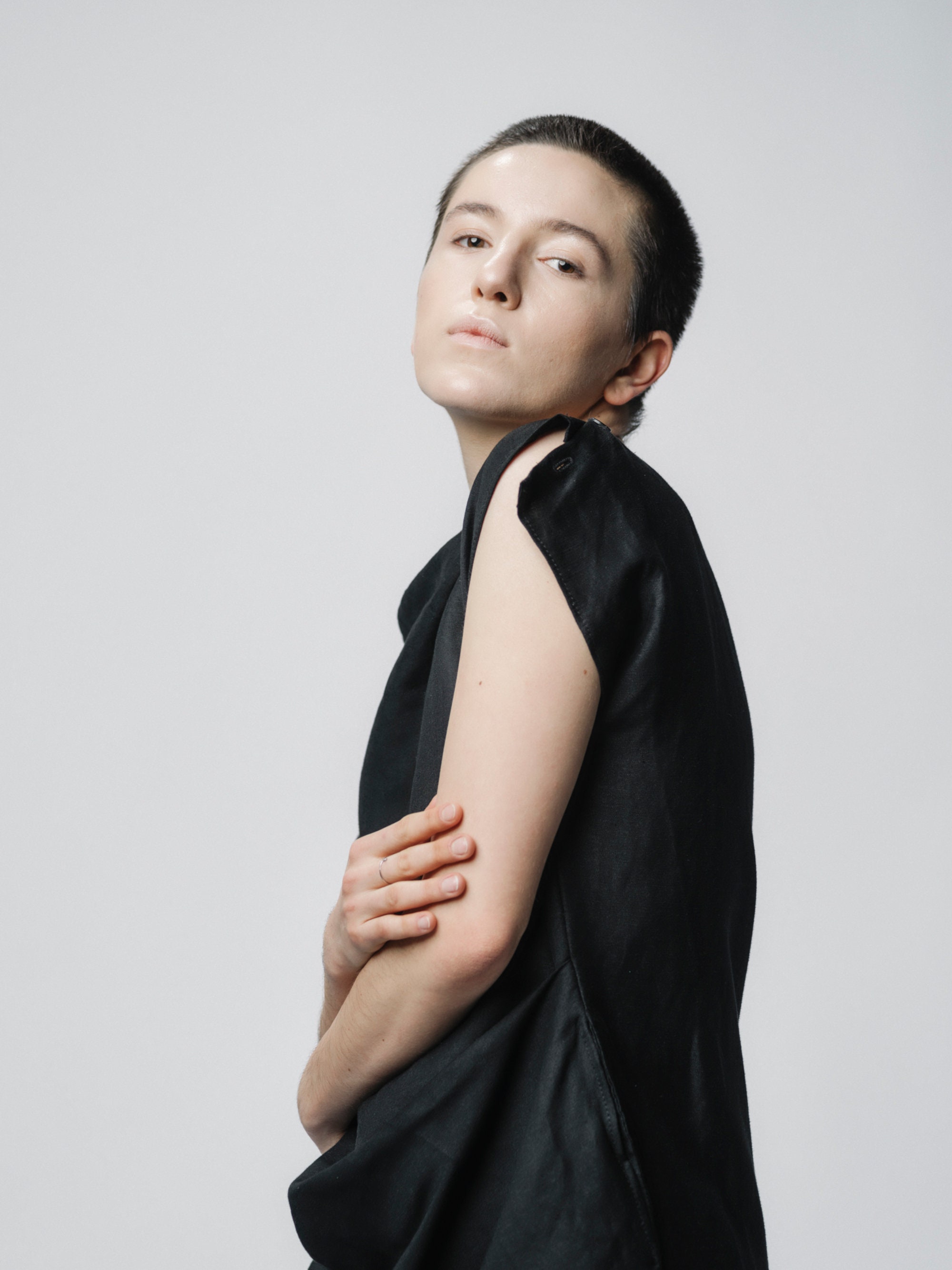 Asymmetric Dress With Buttons on the Shoulder and Draping Around the ...