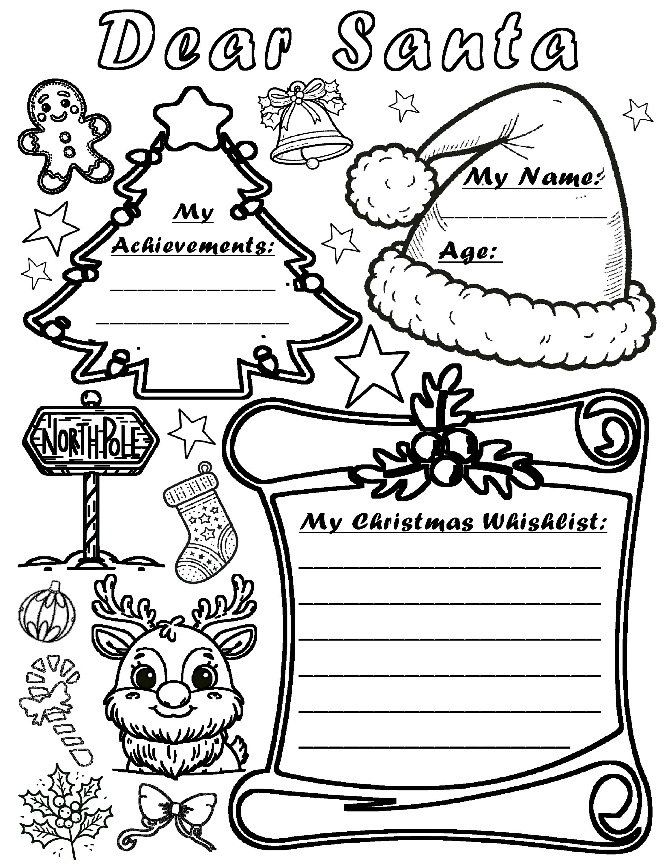 Pagina da colorare natalizia stampabile - Lettera a Babbo Natale per ...