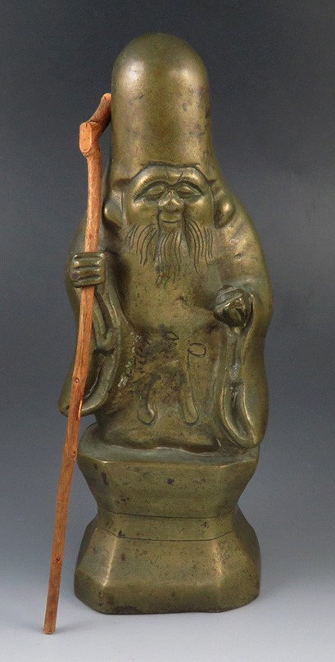 Antique Chinese Bronze Wise Man W/ Walking Stick Shou Lao God Figurine ...